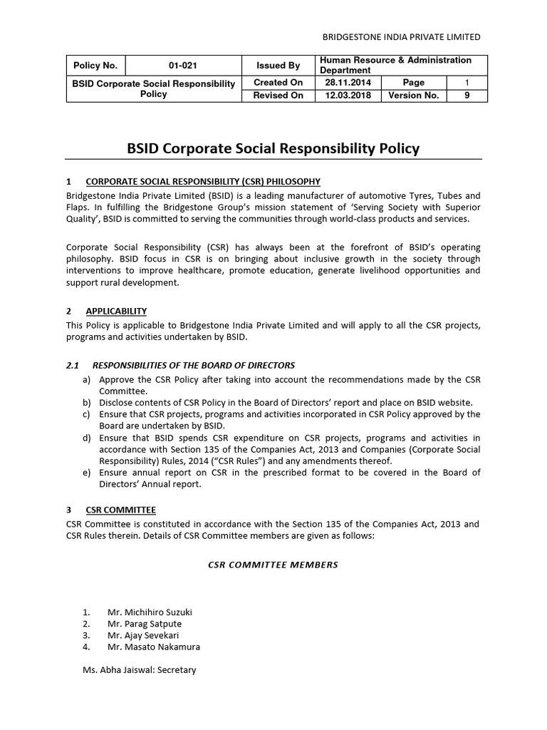 Bridgestone India Corporate Social Responsibility Policy 9 | PDF ...