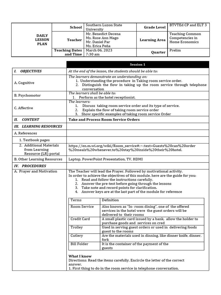 Lesson-Plan Exam | PDF | Learning | Waiting Staff