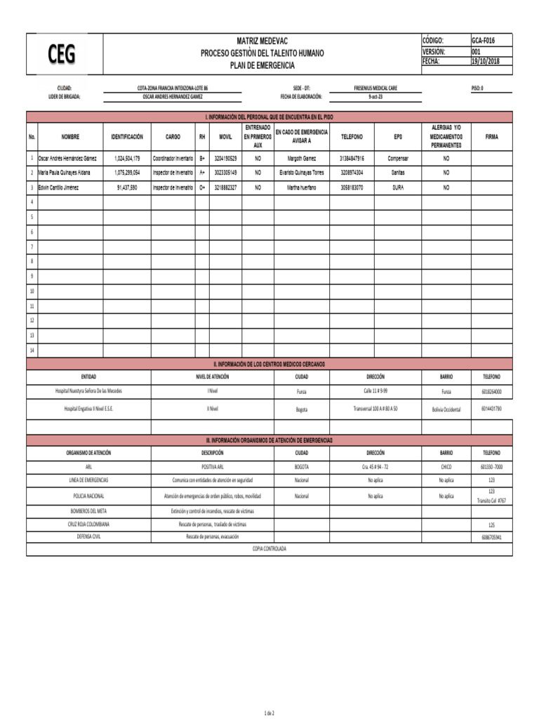 Gca-F016 V001 Matriz Medevac | PDF