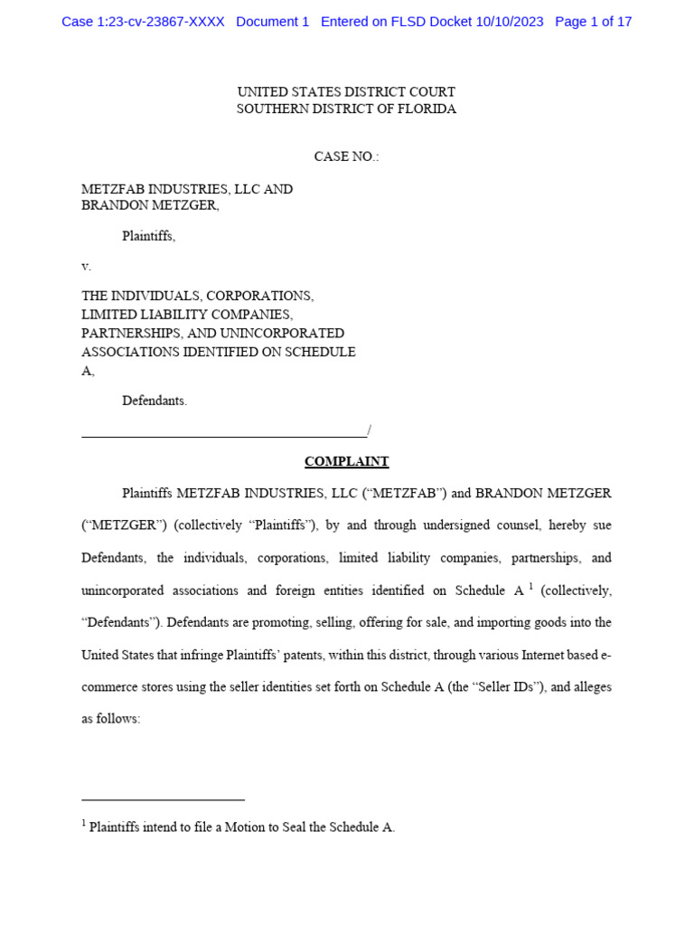 Metzfab v. Schedule A - Complaint (Improper Disgorgement Demand) | PDF