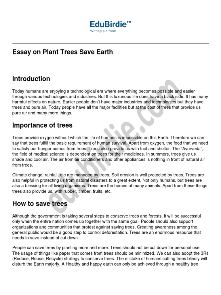 Essay On Plant Trees Save Earth | PDF