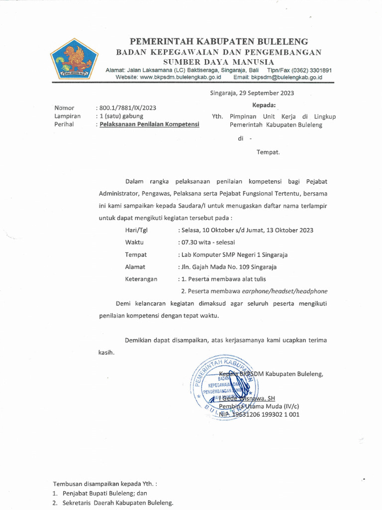 BKPSDM - Surat Undangan Penilaian Kompetensi (Okt 2023) | PDF