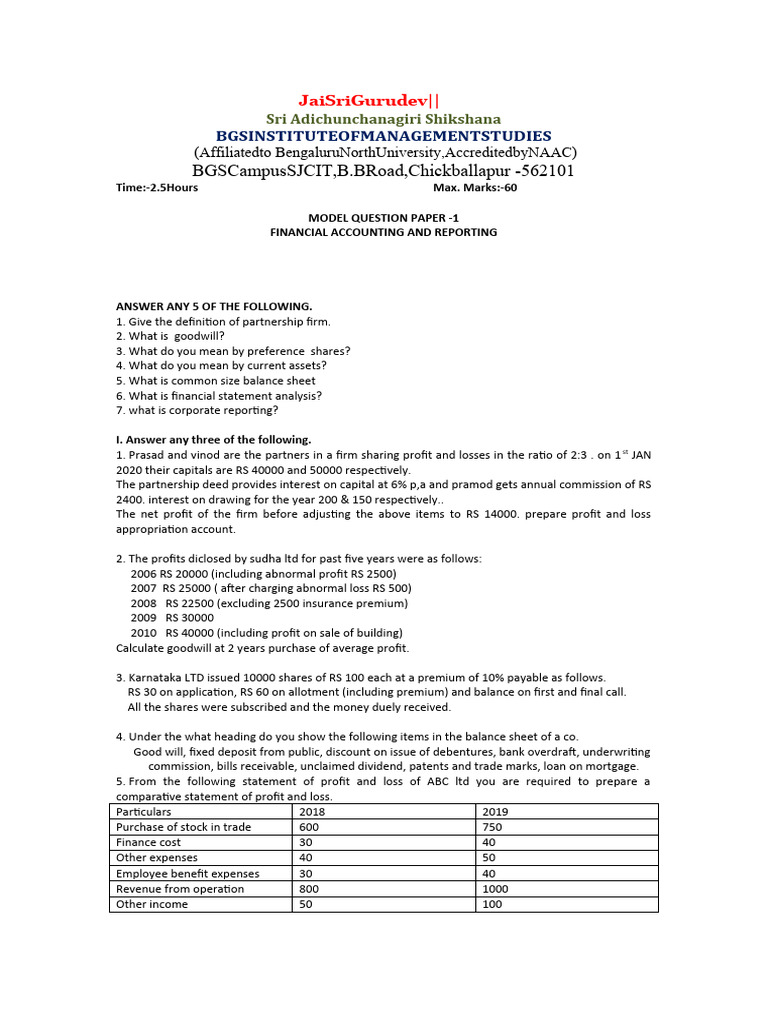 Model Question Paper | PDF | Balance Sheet | Debits And Credits