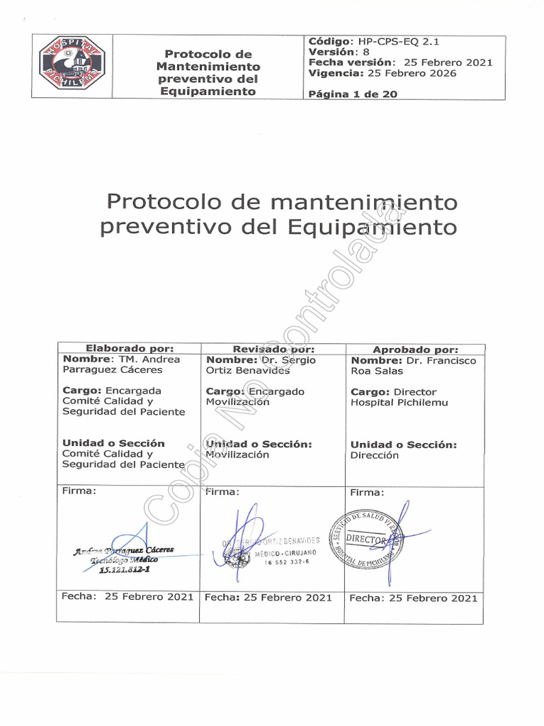 Protocolo de Mantenimiento Preventivo Del Equipamiento Version 8 | PDF