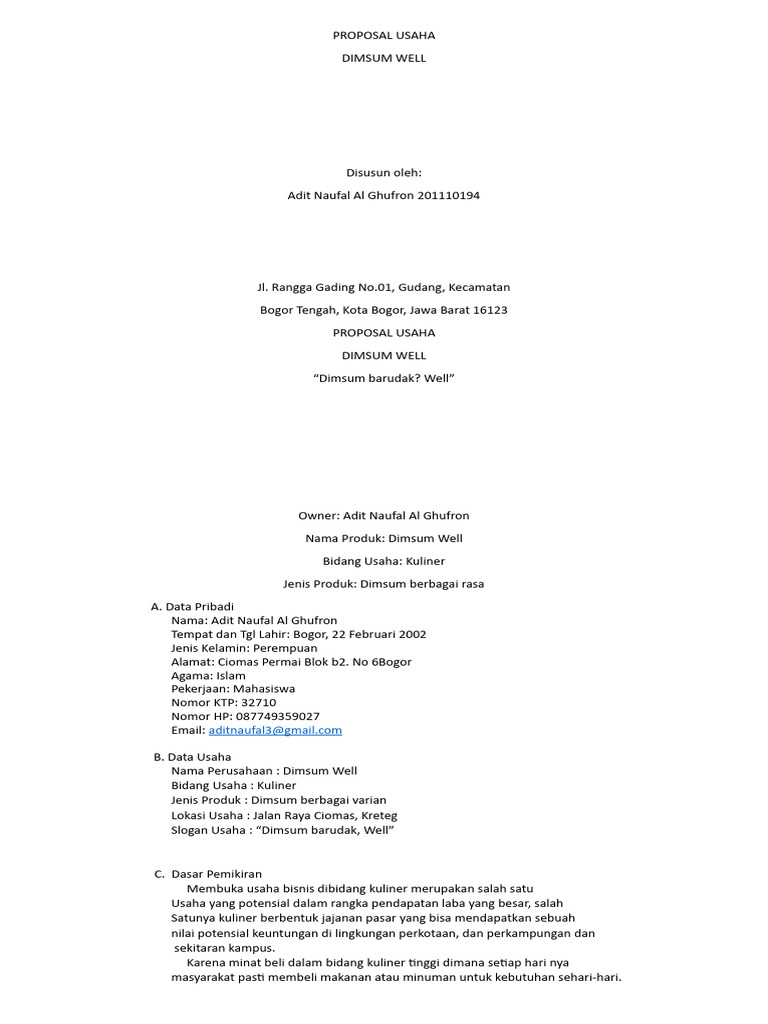 Proposal Usaha Dimsum Well | PDF