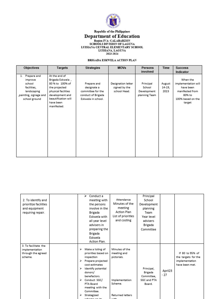 Brigada Eskwela Action Plan 2023 | PDF