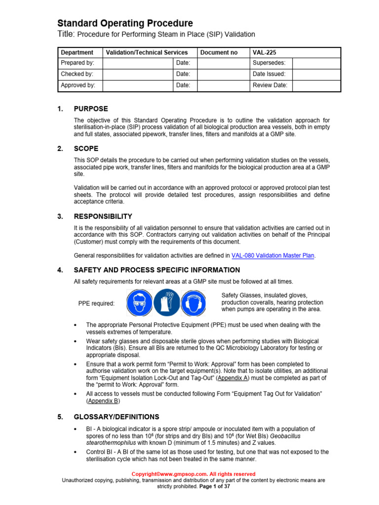 VAL 225 Procedure For Performing Steam in Place SIP Validation Sample | PDF | Sterilization ...