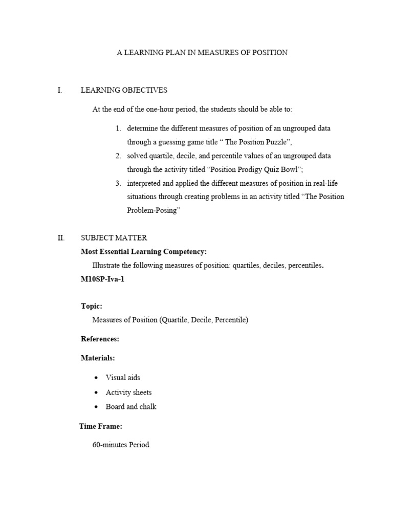 Learning Plan: Measures of Position | PDF | Percentile | Learning
