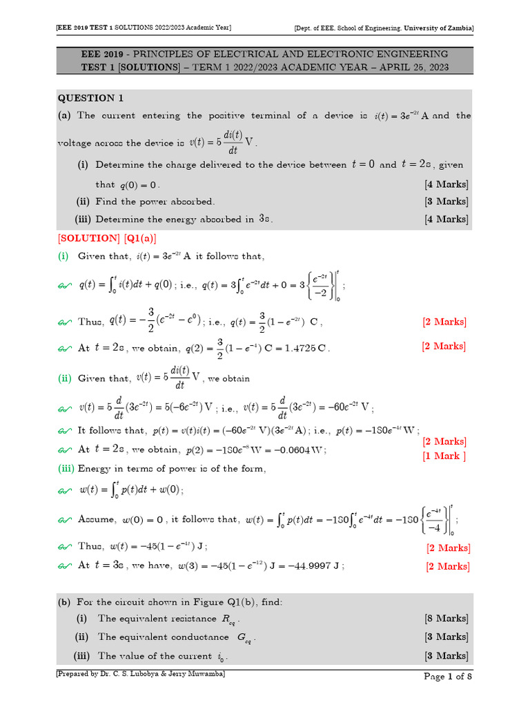 Eee 2019 Test 1 (Solutions) 2022-2023 Academic Year-1 | Download Free ...
