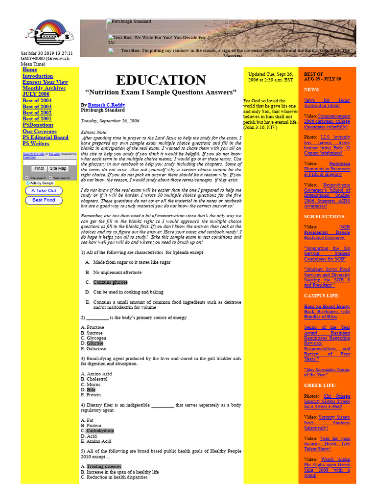 Nutrition Exam I Sample QuestionsAnswers! - by Ramesh C. Reddy | PDF ...