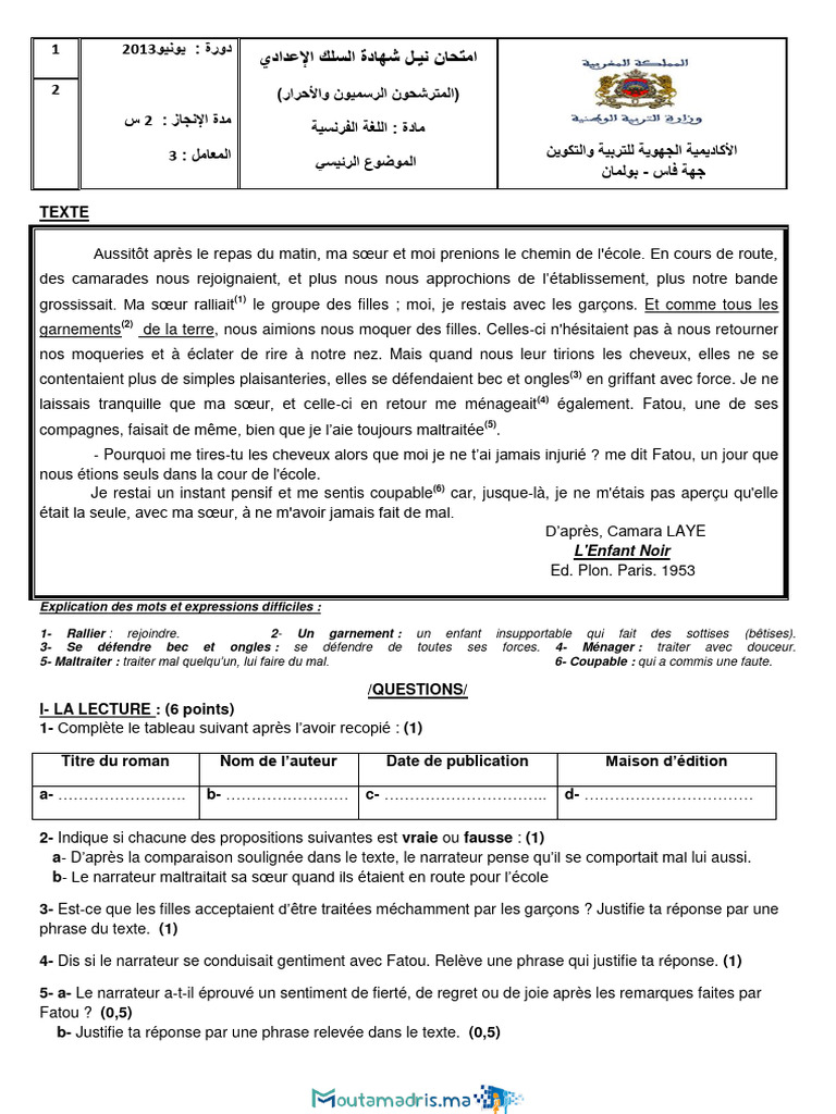 Examen Regional 3college Fes Meknes Fr 2013 | PDF