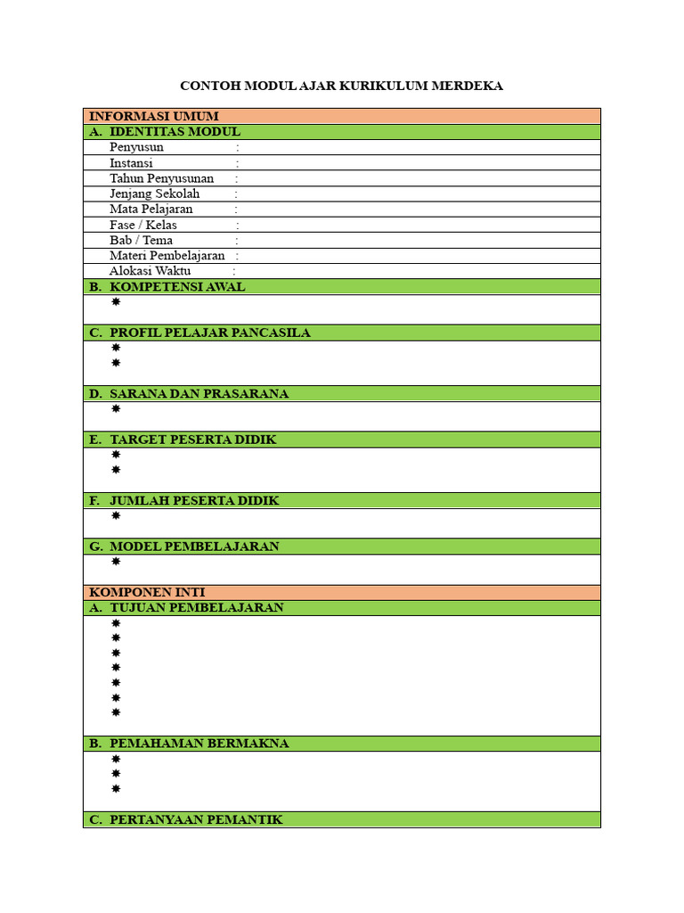 Contoh Format Modul Ajar Kurikulum Merdeka Anilia | PDF