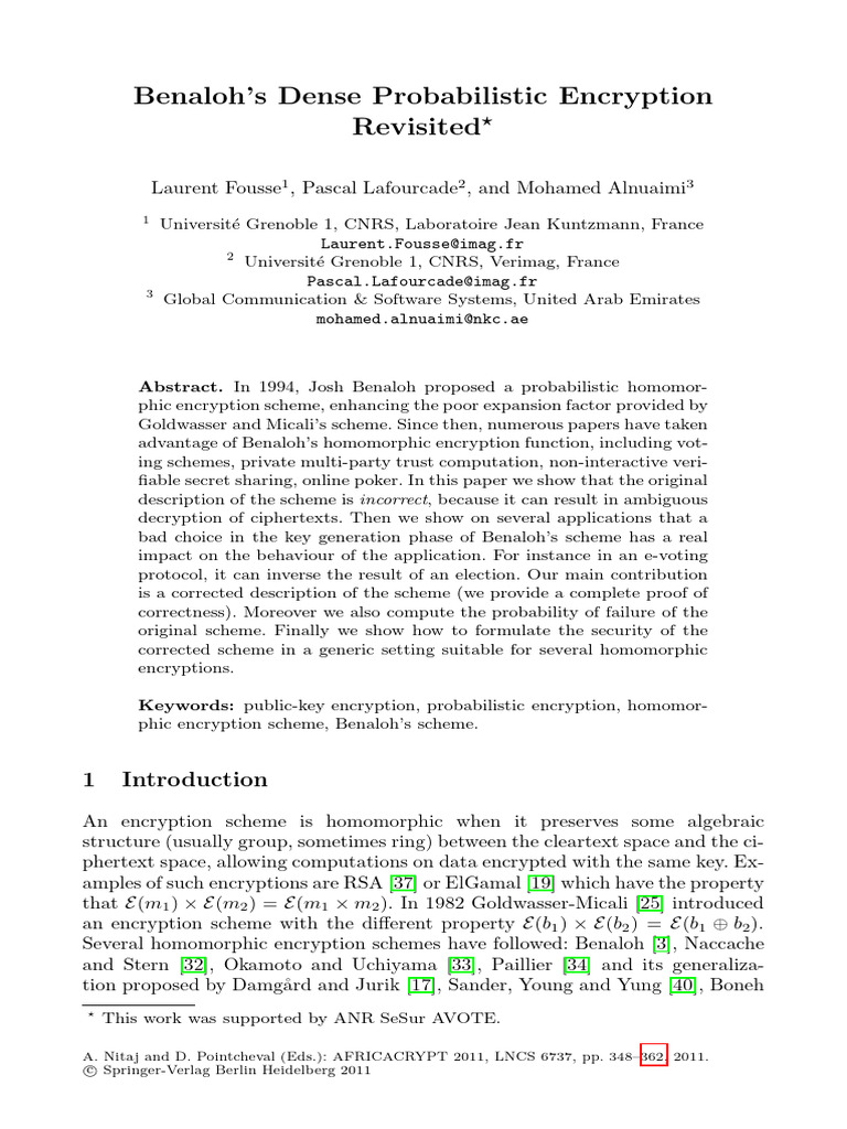 Benaloh's Dense Probabilistic Encryption Revisited: Abstract. in 1994, Josh Benaloh Proposed A ...