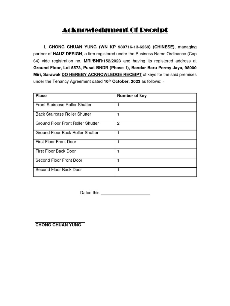 Acknowledgment of Receipt of Key | PDF