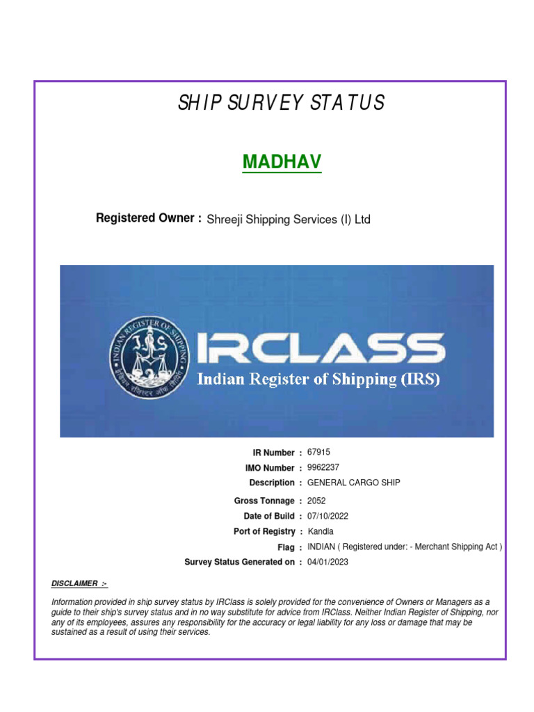 Madhav Ship Survey Status Report | PDF