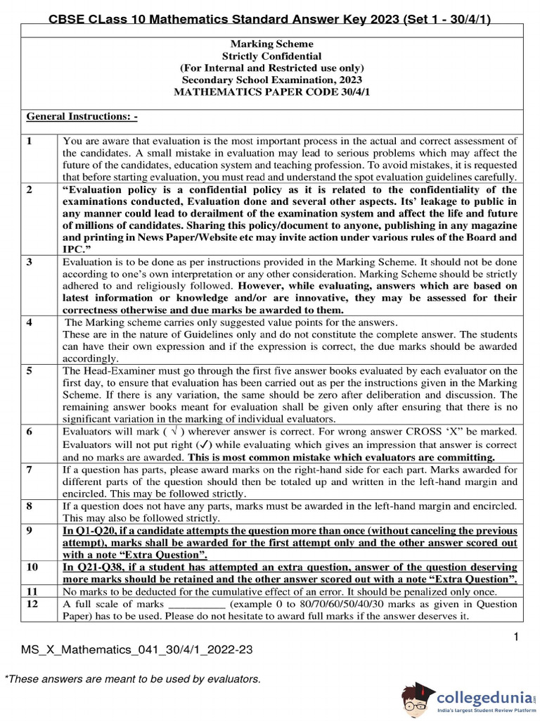 CBSE CLass 10 Mathematics Standard Answer Key 2023 Set 1 30 4 1 | PDF