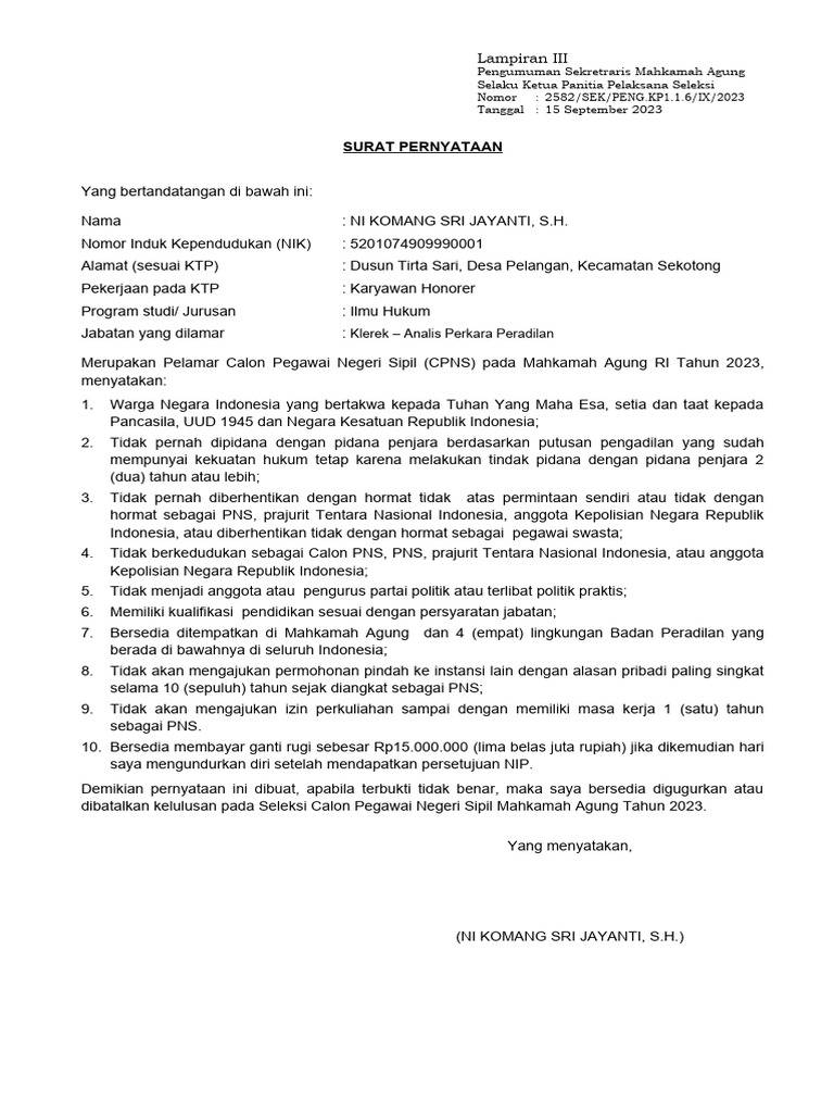 SURAT PERNYATAAN Klerek – Analis Perkara Peradilan | PDF