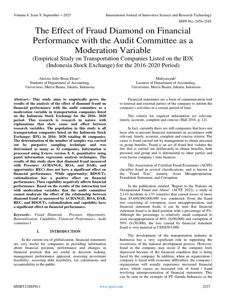 The Effect of Diamond Fraud On Financial Performance With The Audit ...
