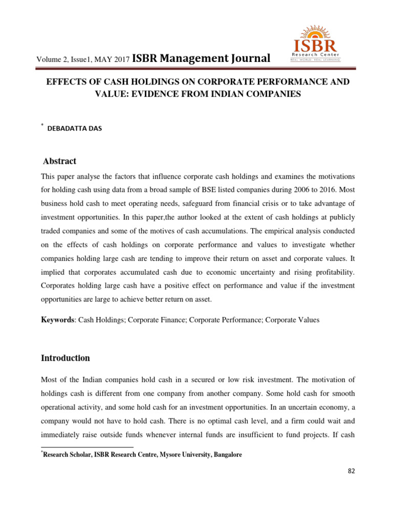Effects of Cash Holdings On Corporate Performance and Value Evidence From Indian Companies | PDF ...