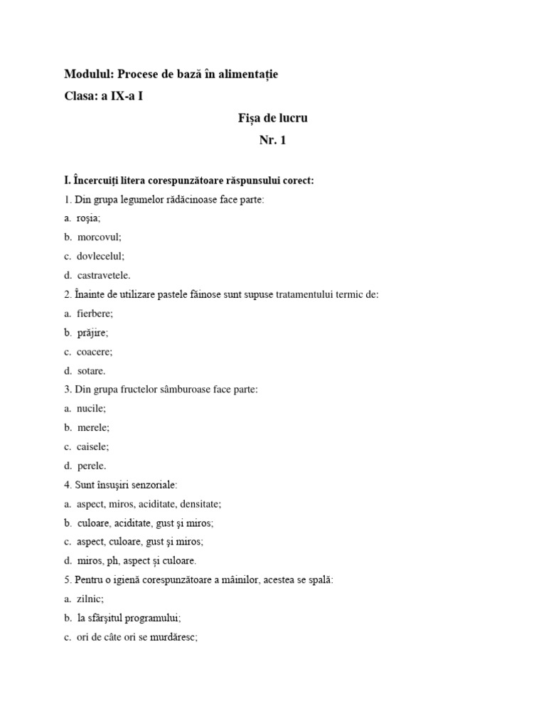 Fise de Lucru Procese de Baza in Alimentatie Clasa A IX A I Prof - Gagniuc Georgeta | PDF