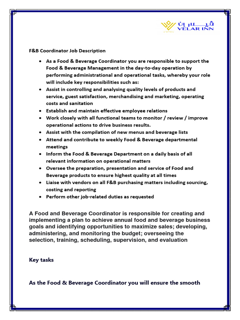 F&B Cordinator Job Description | PDF