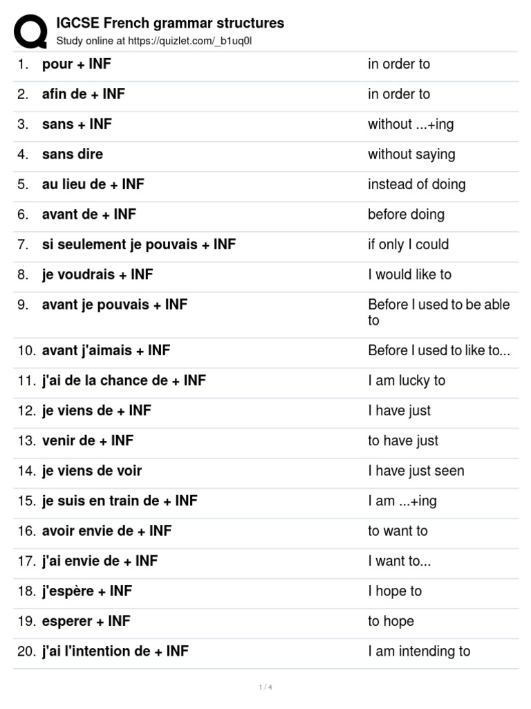 French IGCSE - Grammar Structures - For Essay Writing | PDF