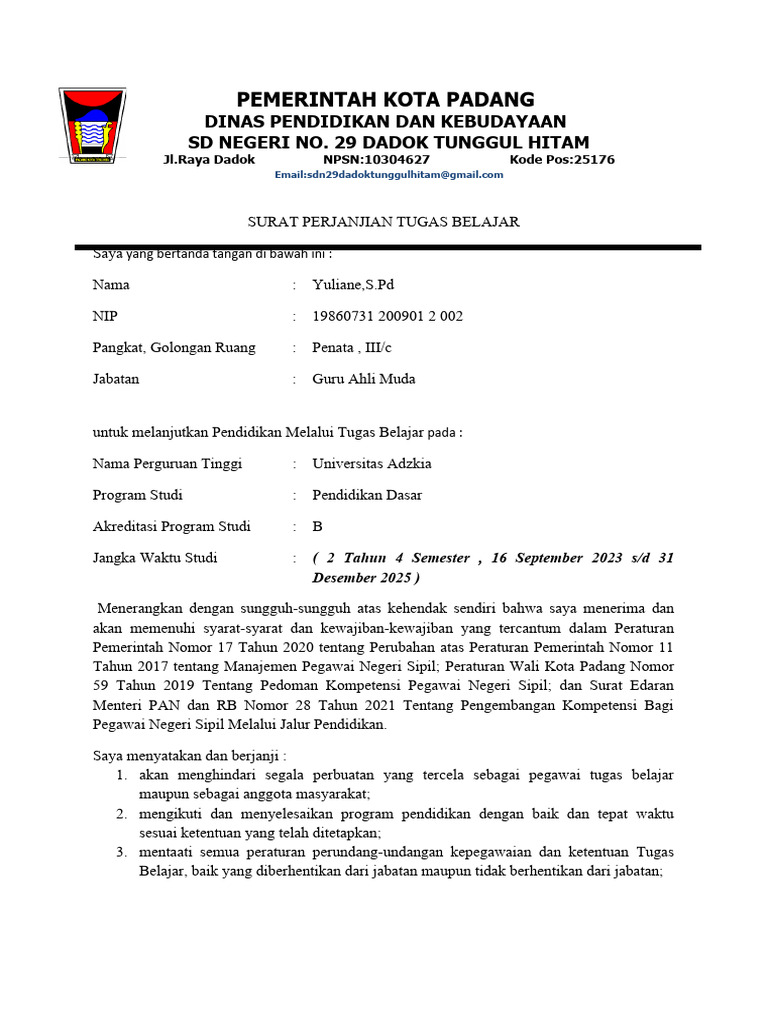 Contoh Surat Perjanjian Tugas Belajar 2023 | PDF