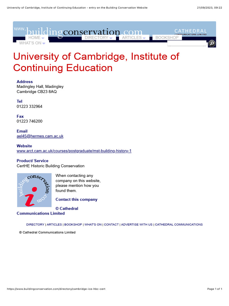 University of Cambridge, Institute of Continuing Education - Entry On ...
