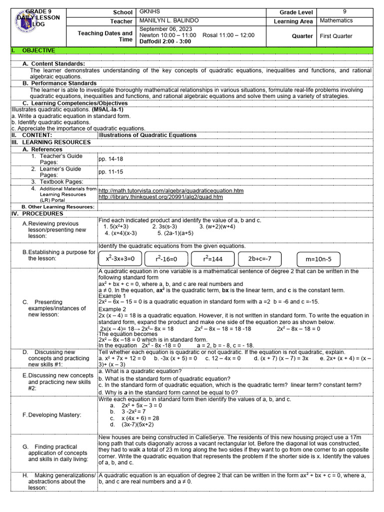 DLL in M9 - (M9AL-Ia-1) - D1.3 Illustrations of Quadratic Equations | PDF
