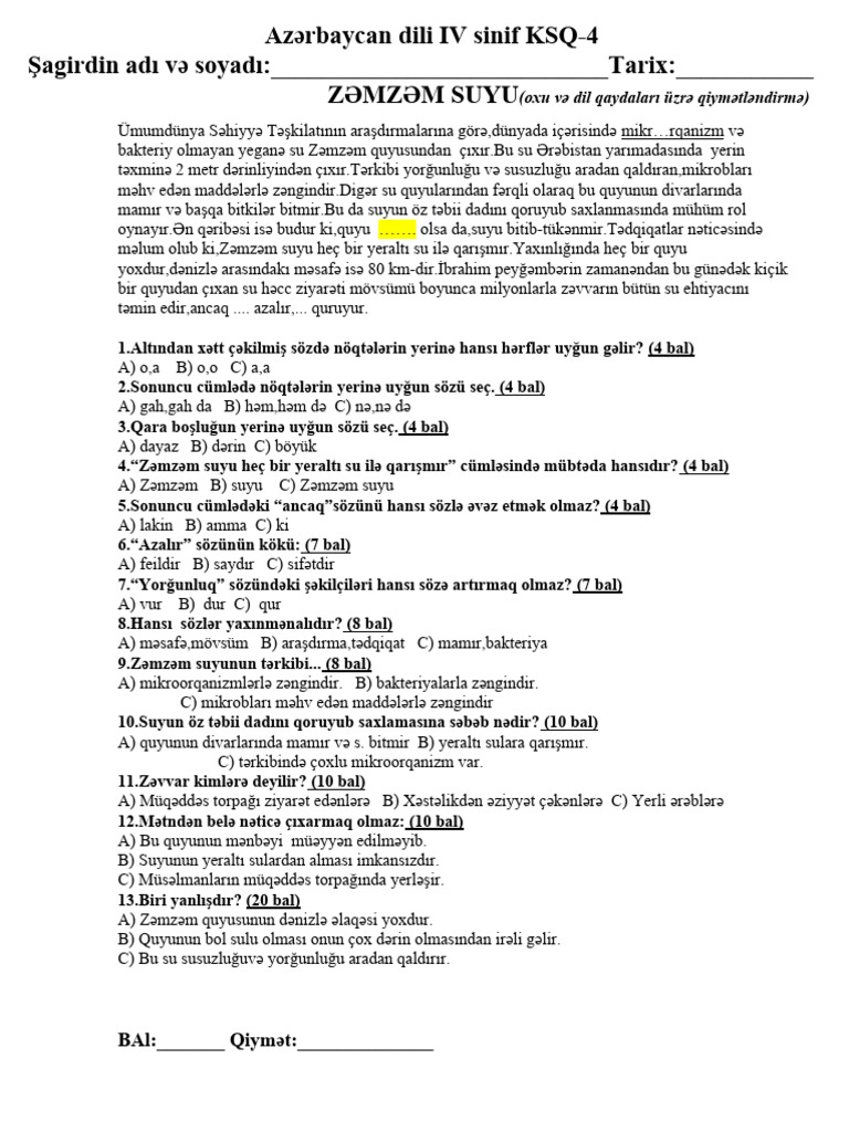 Azərbycan Dili IV Sinif KSQ-4 | PDF