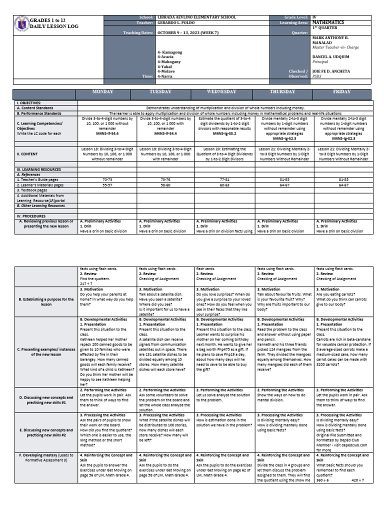 DLL - Mathematics 4 - Q1 - W7 | PDF | Division (Mathematics) | Cognitive Science