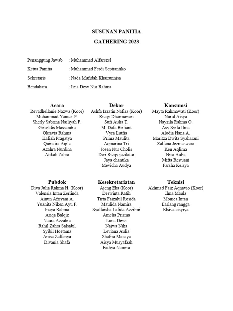 Susunan Panitia Gathering 23 | PDF