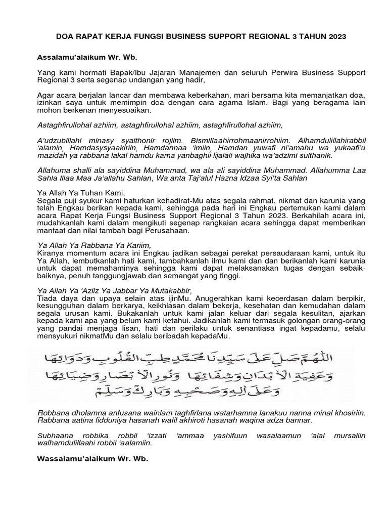 Doa Rapat Kerja Fungsi Business Support Regional 3 Tahun 2023 | PDF