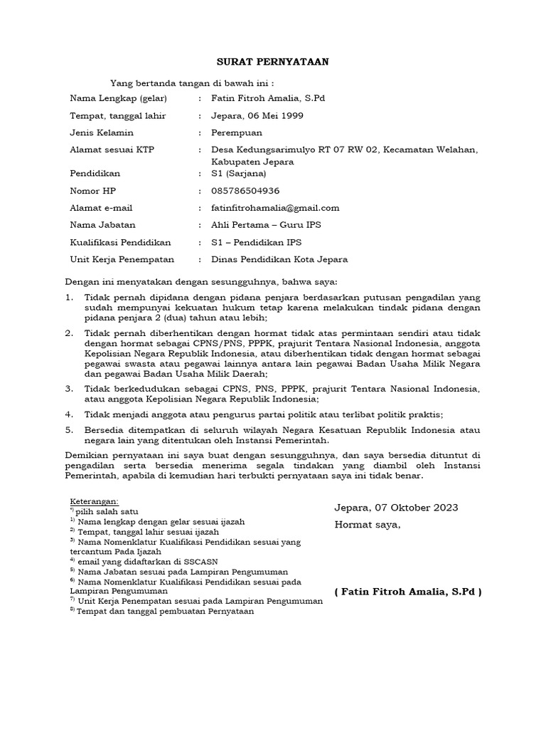 Surat Pernyataan_Lampiran III_Fatin Fitroh Amalia (1) | PDF