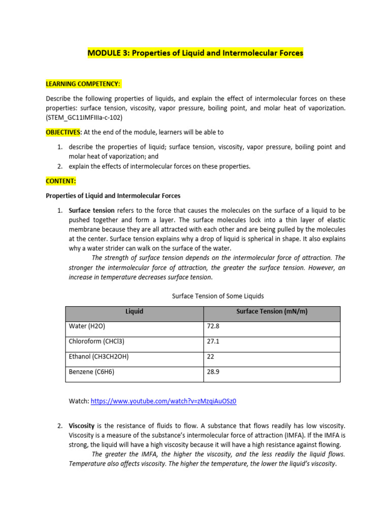 Module 3 - Properties of Liquid and Intermolecular Forces | PDF