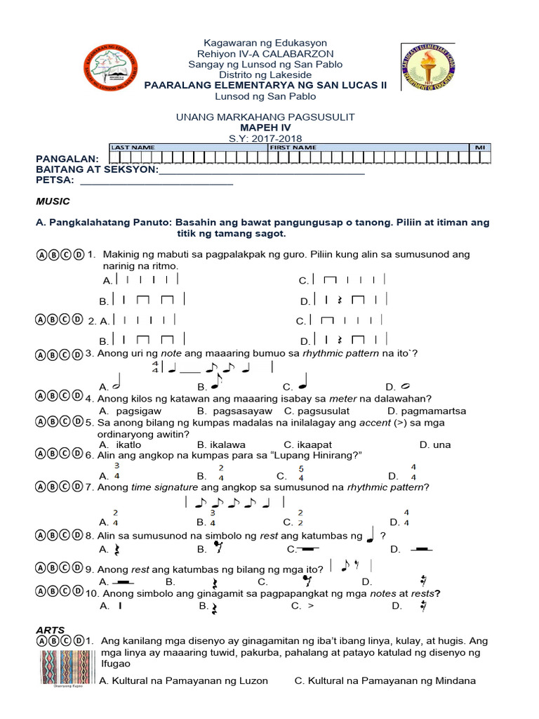 1st QTR FINAL EXAM IN MAPEH 4 2017 With TOS | PDF