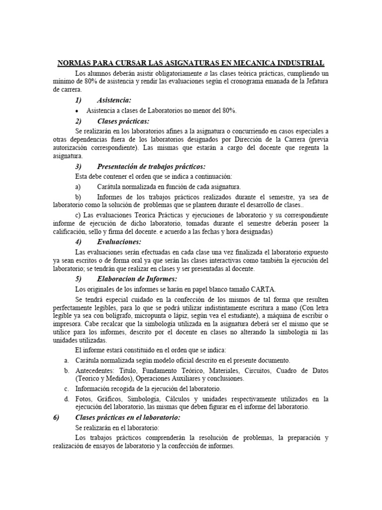 Aue-400 Normas para Cursar Las Asignaturas en Mecanica Industrial | PDF | Aislador (Electricidad ...