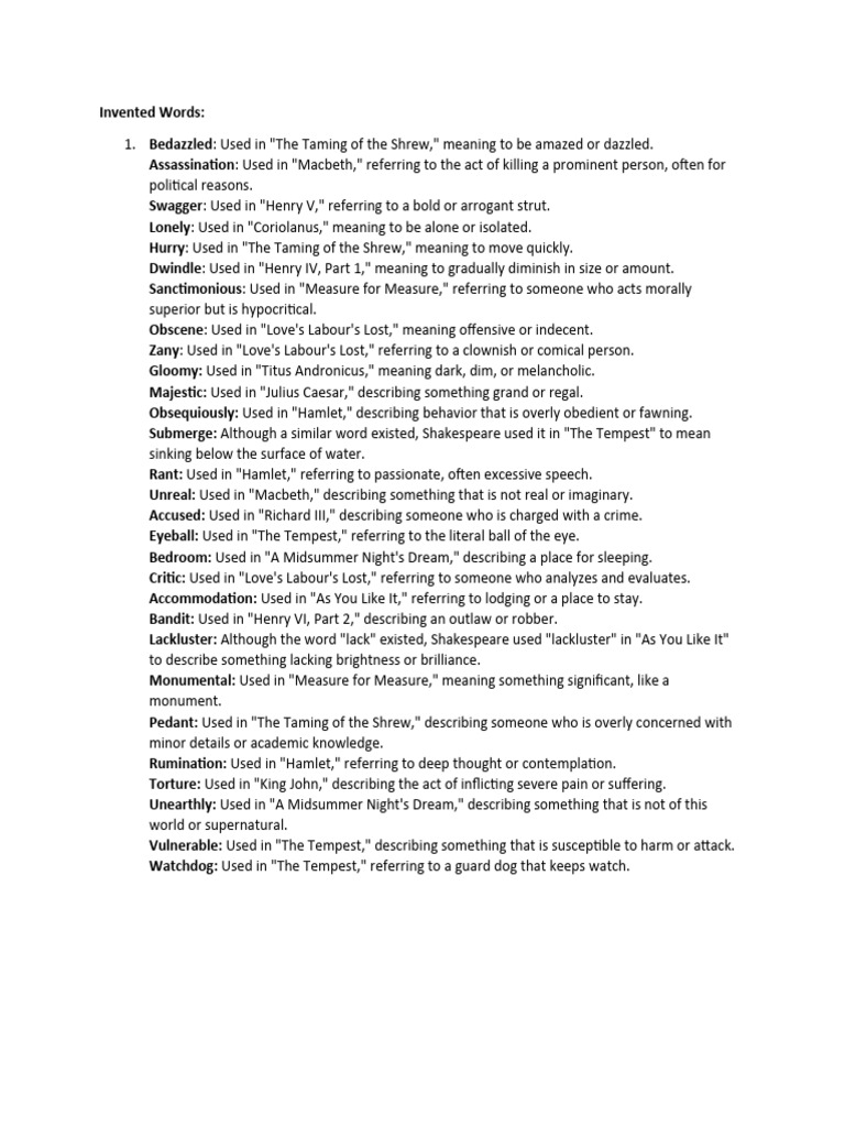 William Shakespear's Invented Words and Phrases | PDF | William Shakespeare | Hamlet