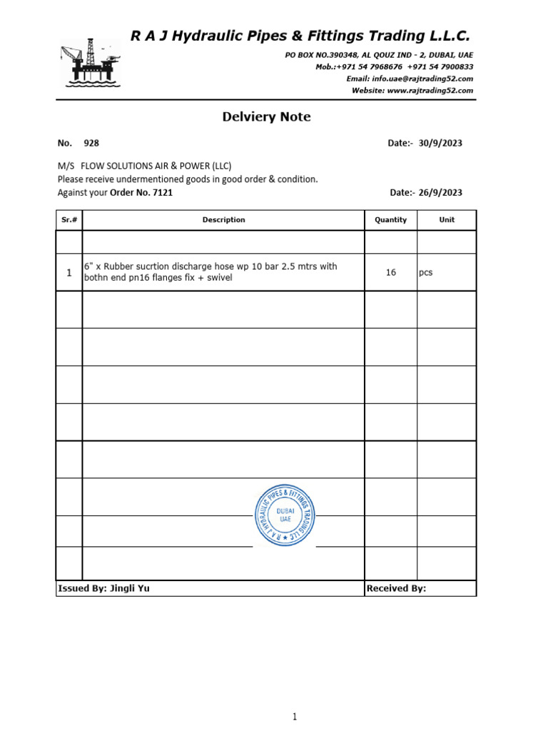 Delivery Note 0928 FLOW SOLUTIONS AIR & POWER LLC | PDF