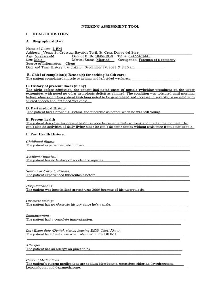 Nursing Assessment Tool I. Health History A. Biographical Data | PDF