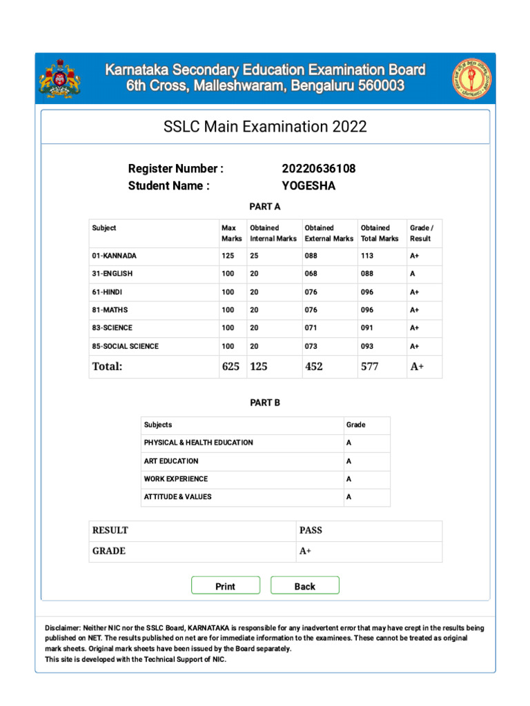 SSLC Main Examination 2022: Register Number: 20220636108 Student Name ...