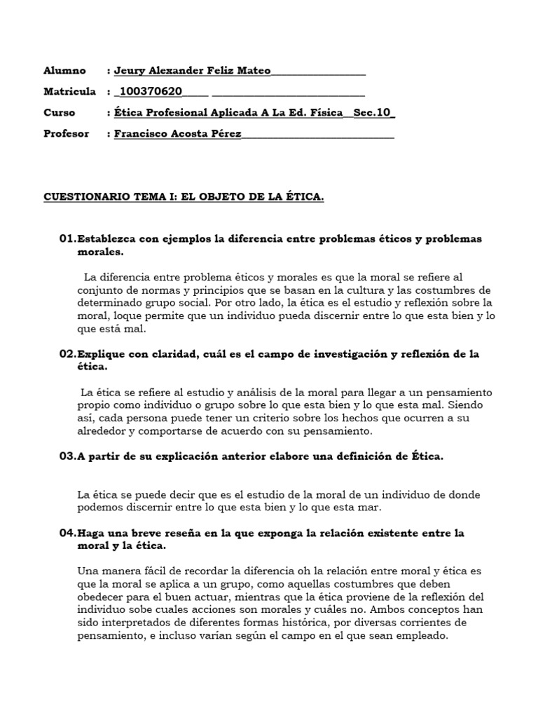 Cuestionario Tema I Objeto de La Etica | PDF | Moralidad