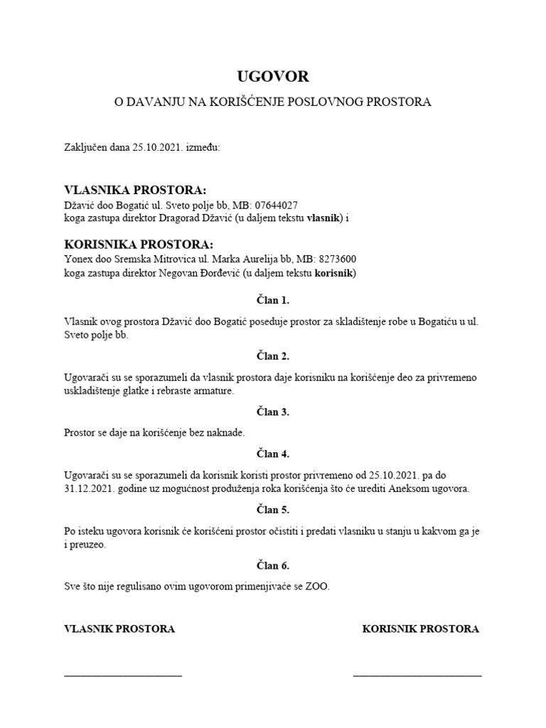 Ugovor o Davanju Na Korišćenje | PDF