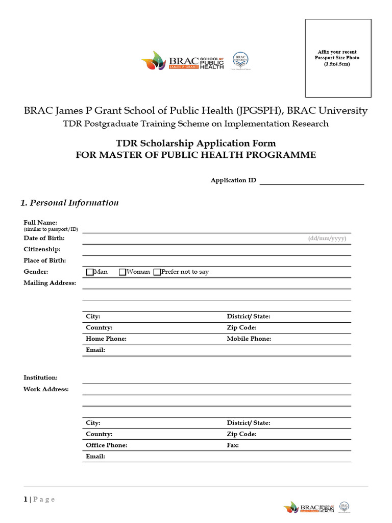 BRAC JPGSPH TDR Scholarship Application Form | PDF