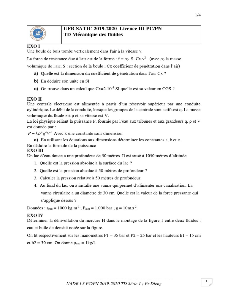 TD Méca Fluide 2019-2020 Serie 1 | PDF