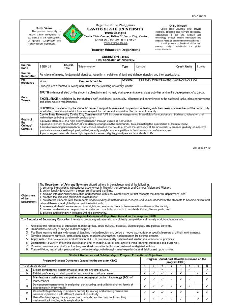 Syllabus BSEM 23 | PDF | Trigonometric Functions | Function (Mathematics)