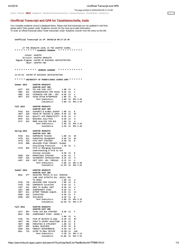 Unofficial Transcript and GPA-IRADA | PDF