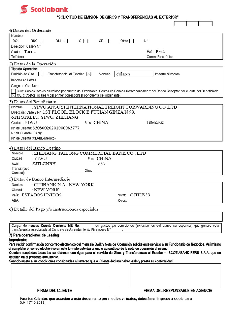 S.0117 Solicitud de Emision de Giros y Transferencias Al Exterior | PDF ...