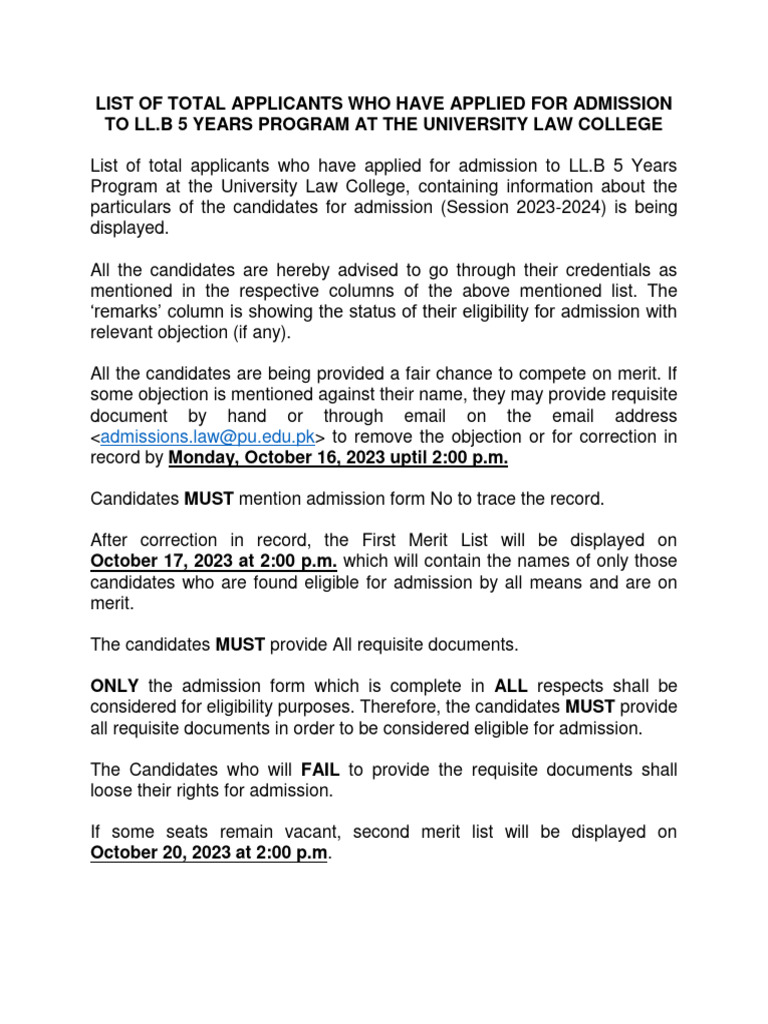 List of Total Applicants Who Have Applied For LL.B 05 Years Programme | PDF