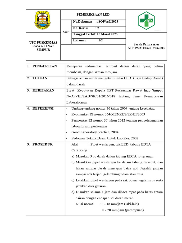 20 Sop Pemeriksaan Led | PDF